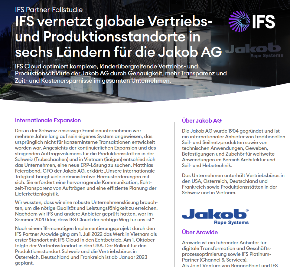 Digitalisierung bei der Jakob AG mit Arcwide und IFS Cloud | Arcwide